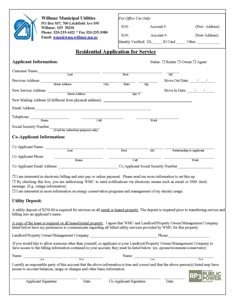 Forms for Willmar Public Utilities | Willmar Municipal Utilities