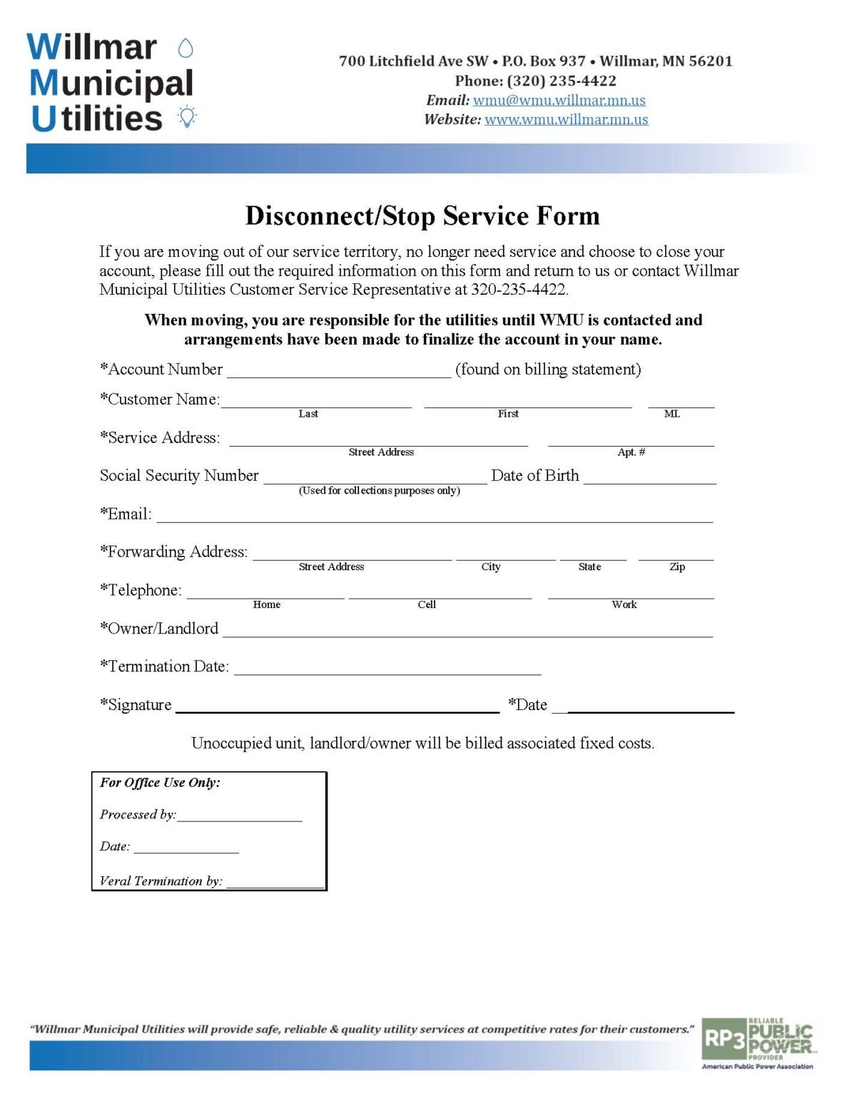 Forms for Willmar Public Utilities | Willmar Municipal Utilities