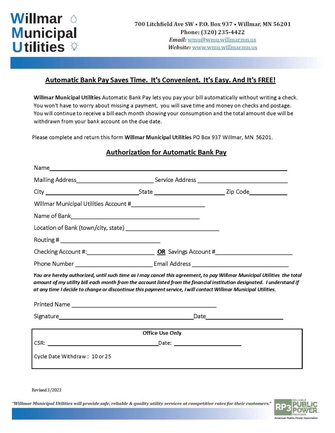 Forms for Willmar Public Utilities | Willmar Municipal Utilities