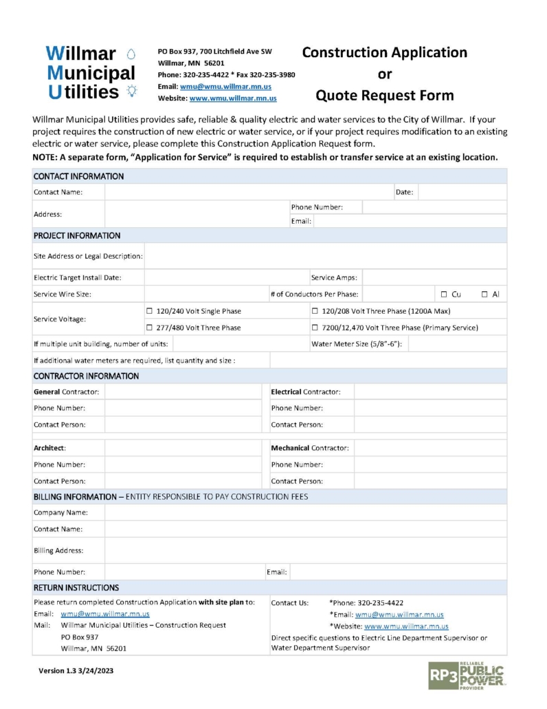 Forms for Willmar Public Utilities | Willmar Municipal Utilities